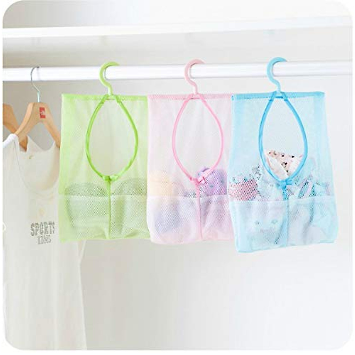 FASANIY Clothespin Bag Hanger Hanging Multipurpose Storage Mesh Colorful Organizer Closet Rack Clothes Clip Collection (Fresh Green (1pc) + Pretty Pink (1pc) + Breezy Blue (1pc))
