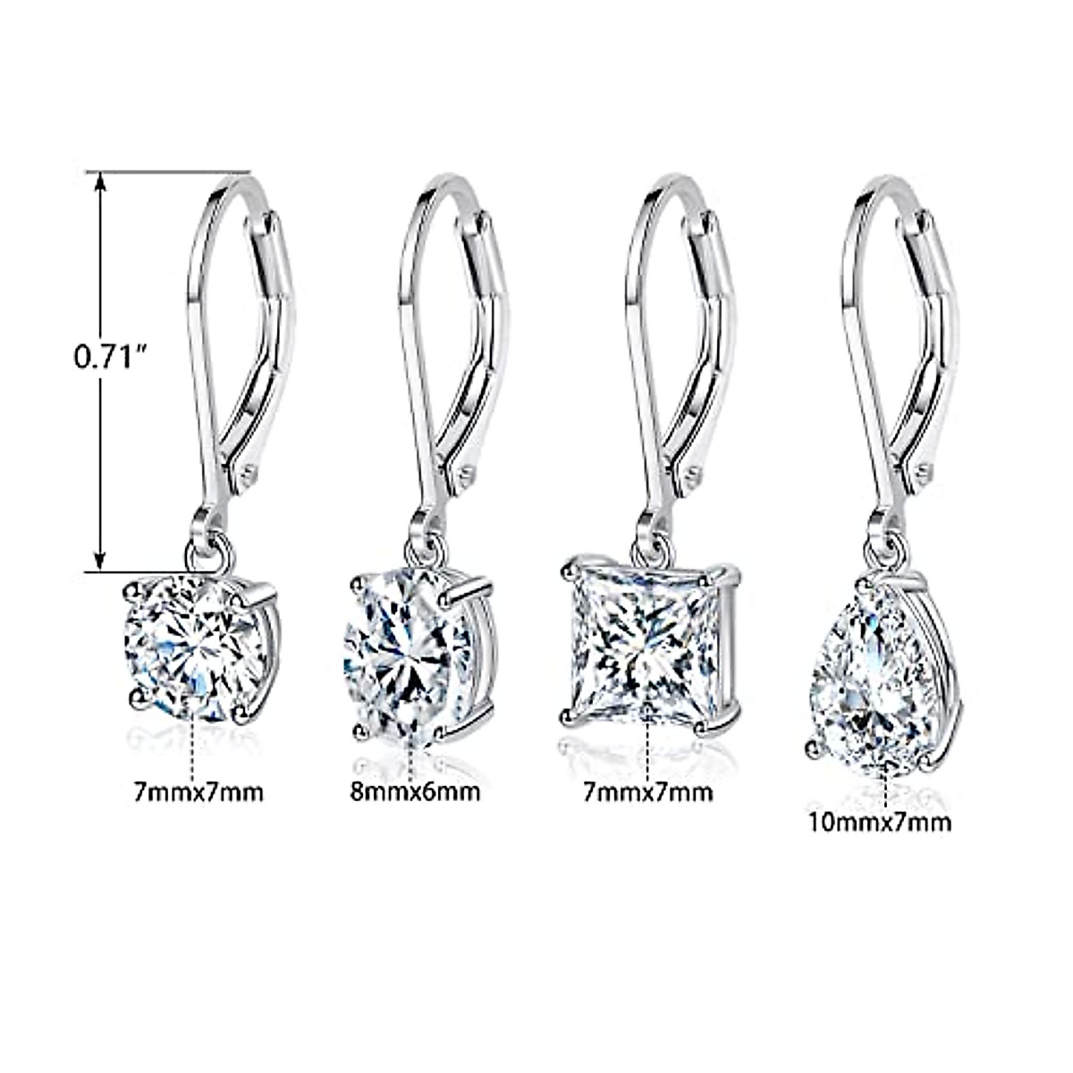 MDFUN 18K White Gold Plated Round Princess Cut Clear Cubic Zirconia Tear Drop Dangle Earrings for Women Hypoallergenic 4 Pairs