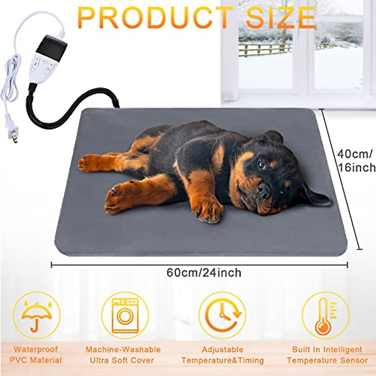 2 Pack Pet Heating Pad, 86-141 Degree Fahrenheit Adjustable Temperature Cat Dog Heating Pad with Timer Auto Power Off Waterproof Warming Mat with Steel Cord (Gray, 16 x 24 Inch)