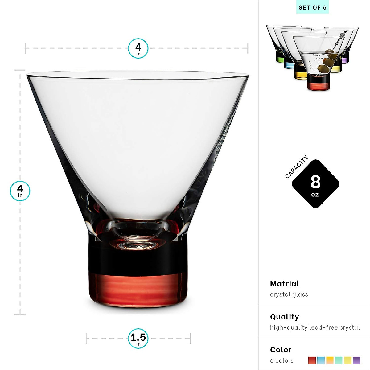 MITBAK Martini Glasses 8 OZ (Set of 6) With Stylish Colorful Bases | Elegant Stemless Bar Glasses | Great for Martini, Cocktail, Whiskey, Margarita, & More | Cocktail Glasses Made In Europe