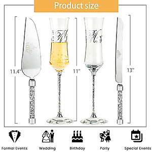 iooiluxry Wedding Champagne Flutes and Cake knife Server Set, Mr and Mrs Champagne Flutes, Bride and Groom Champagne Glasses and Cake Cutting set for Wedding Gifts