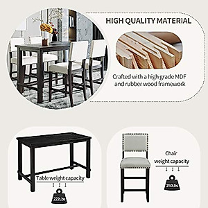 P PURLOVE 5 Piece Dining Set Kitchen Table Set Counter Height Table Set with One Rectangle Table and 4 Cushioned Chairs for 4 Persons Dining Room Table Set for Small Place(Table and 4 Chairs)
