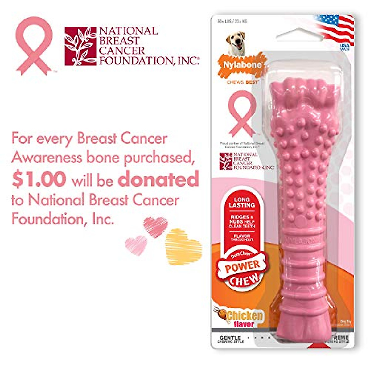 Nylabone Power Chew Textured Pink Breast Cancer Awareness Chew Toy - Tough and Durable Dog Bone for Aggressive Chewers - Chicken Flavor, X-Large/Souper (1 Count)