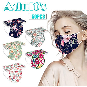 HEALT 50PC Flower Disposable Face_Masks with Designs for Spring Summer, 3-Ply Floral Facemasks with Nose Wire for Women Men, Multicolor