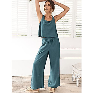 ANRABESS Women's Two Piece Outfits Summer Vacation Cruise Resort Wear 2023 Clothes Casual Linen Tank Crop Top Wide Leg Pants Matching Lounge Set Jumpsuit 732qinglan-L
