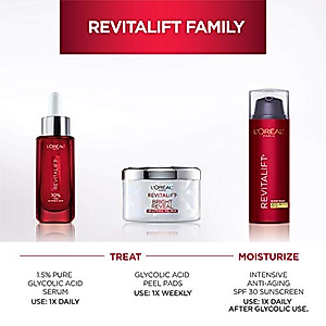 L'Oréal Paris Revitalift Bright Reveal Anti-Aging Exfoliating Peel Pads with Glycolic Acid, Reduce Wrinkles & Brighten Skin, 30 Count (Pack of 1)
