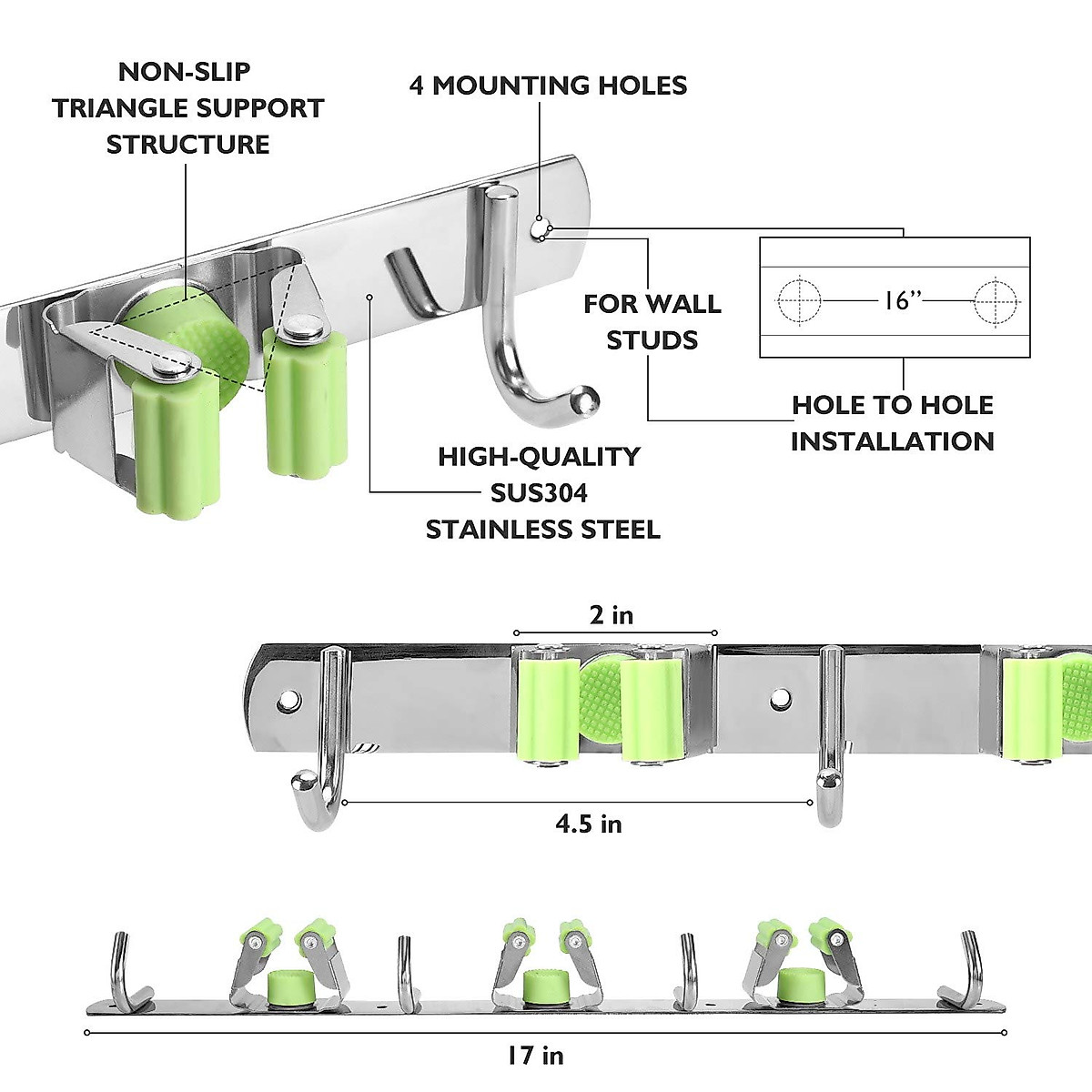 Broom Mop Hook Holder Wall Mount Installation-16inch,Organizer 304 Stainless Steel 3 Racks 4Hooksfor Home Bathroom Kitchen Garage Office Closet Garden Laundry Storage,Wall Mount Hooks 1pack Black