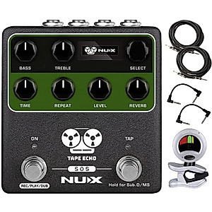 Briskdrop NUX NDD-7 Tape Echo Delay Effects Pedal - Bundle with 2 Instrument Cables, 2 Patch Cables, and Snark Tuner