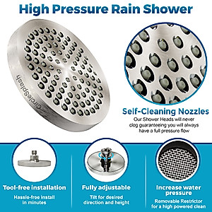 CIRCLESPLASH Shower Head - High Pressure Rain Booster - Anti Clog Self Cleaning Adjustable Showerhead - Tool-less 1 min Install - Universal Replacement Brushed Nickel - Rainfall 6 inch