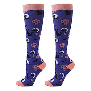 Halloween Compression Stockings for Women Men, 4 Pair Long Halloween Socks 20-30 mmHg for Running, Cycling, Pregnant