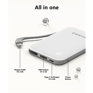 REDISONA Small Portable Charger 4500mAh Power Bank with Built-in Cable, Mini External Battery Pack Compatible with iPhone 14/14 Pro/14 Plus/14 Pro Max/13/12/11/X/8/7/6 Airpods, White