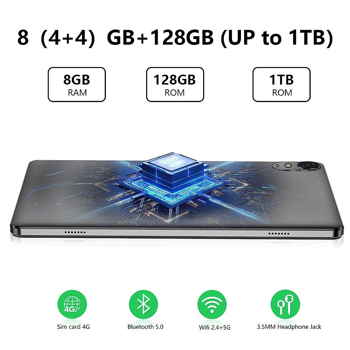 JUNINKE 10 inch Tablet Android 13 Tablets, 8GB RAM 128GB ROM 1TB Expand, 1280x800 IPS HD Screen, Quad Core Processor, WIFI6, Dual Camera, 6000mAh, BT, Ablet PC (Black) (K12)