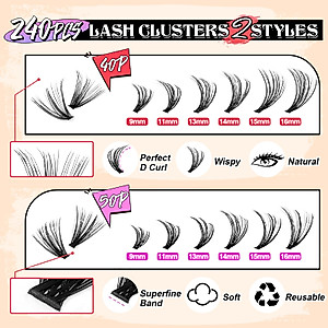 Lash Extension Kit 240PCS Individual Lashes 40D 50D 9-16MM Eyelash Extension Kit with Bond and Seal and Lash Remover and Applicators Lash Clusters Kit DIY at Home by wtvane (Kit-40D+50D-0.07D-9-16MIX)