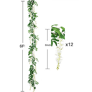 DearHouse 2Pcs 6Ft/Piece Artificial Flowers Wisteria Garland Artificial Wisteria Vine Hanging Flower Greenery Garland for Home Garden Outdoor Wedding Arch Floral Decor (White)