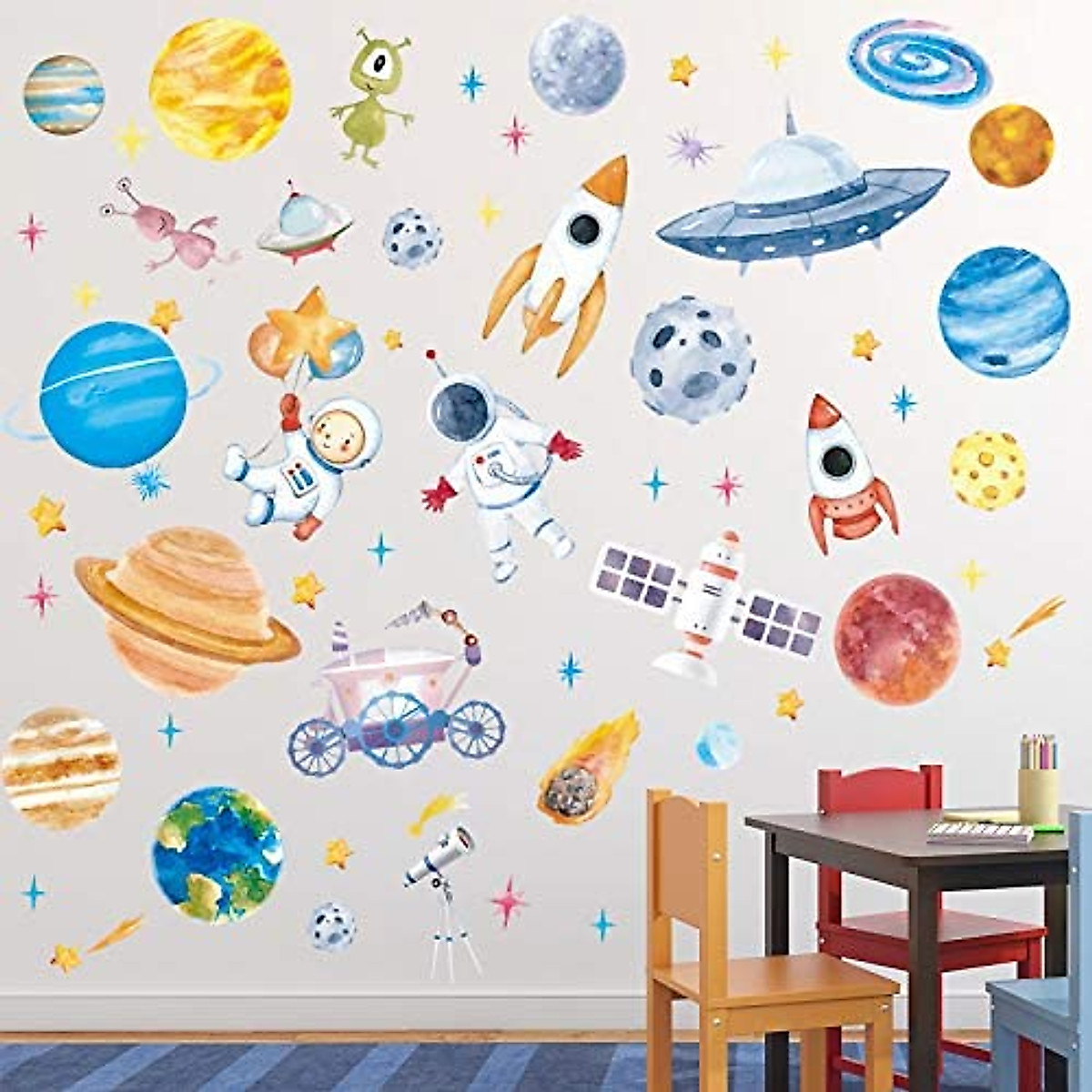 6 Sheets Space Astronaut Spacecraft Wall Decal Space Planet Wall Sticker Solar System Wall Decals Galaxy Astronaut Rocket Alien Wall Mural for Boys Kids Classroom Nursery Bedroom Home Decoration