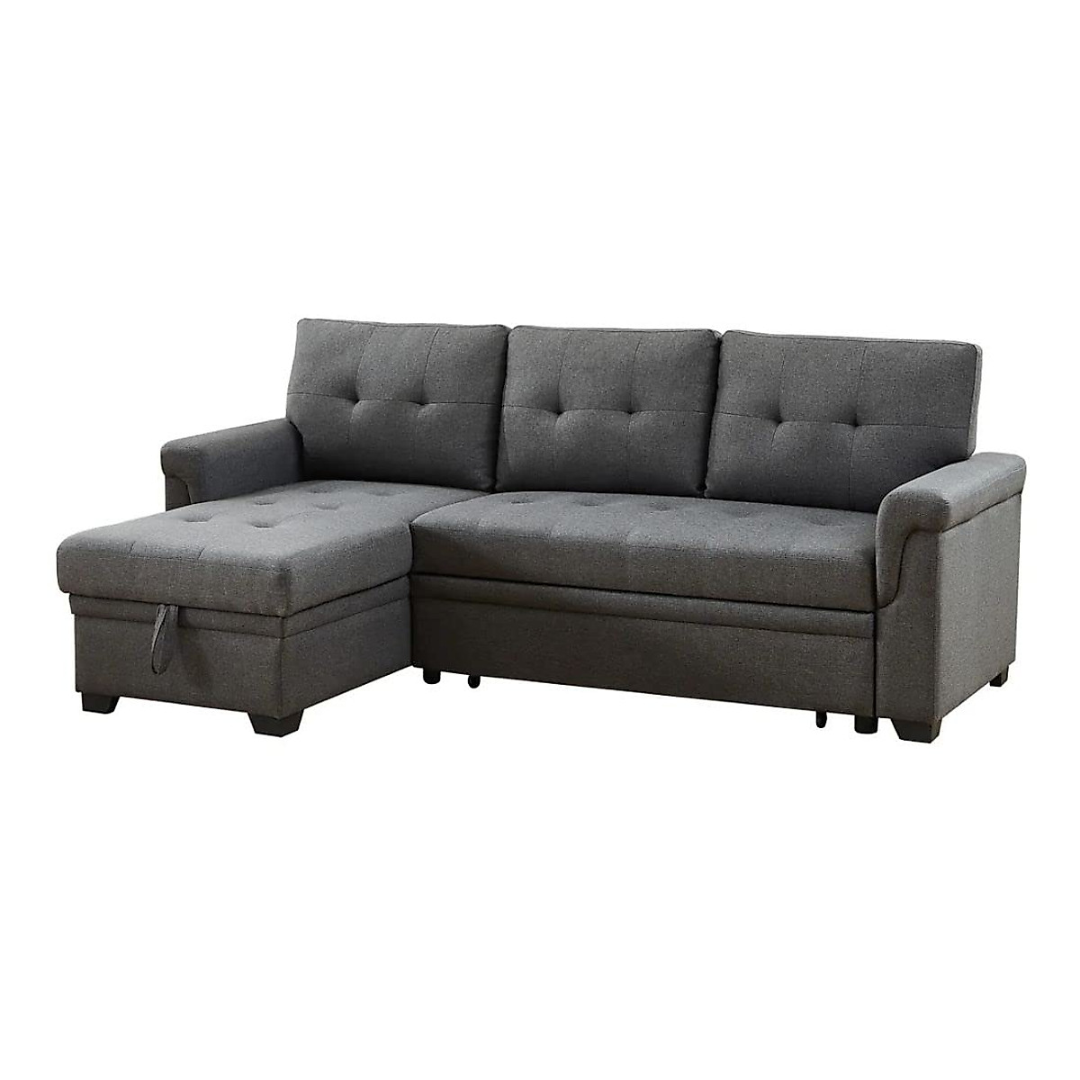 HABITRIO Sectional Sofa with Chaise, 84" L-Shape Loveseat Couch w/Roll-Out Sleeper Bed, Reversible Storage Lounge, Dark Grey Linen Upholstered Seating Furniture for Living Room