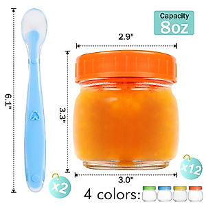 GoldArea 12 Pack Baby Food Containers, 8 oz Glass Storage Containers with Lids, Baby Feeding Supplies, Glass Snack Containers for Kids, Glass Baby Food Jars, 2 Pcs Baby Spoons Included