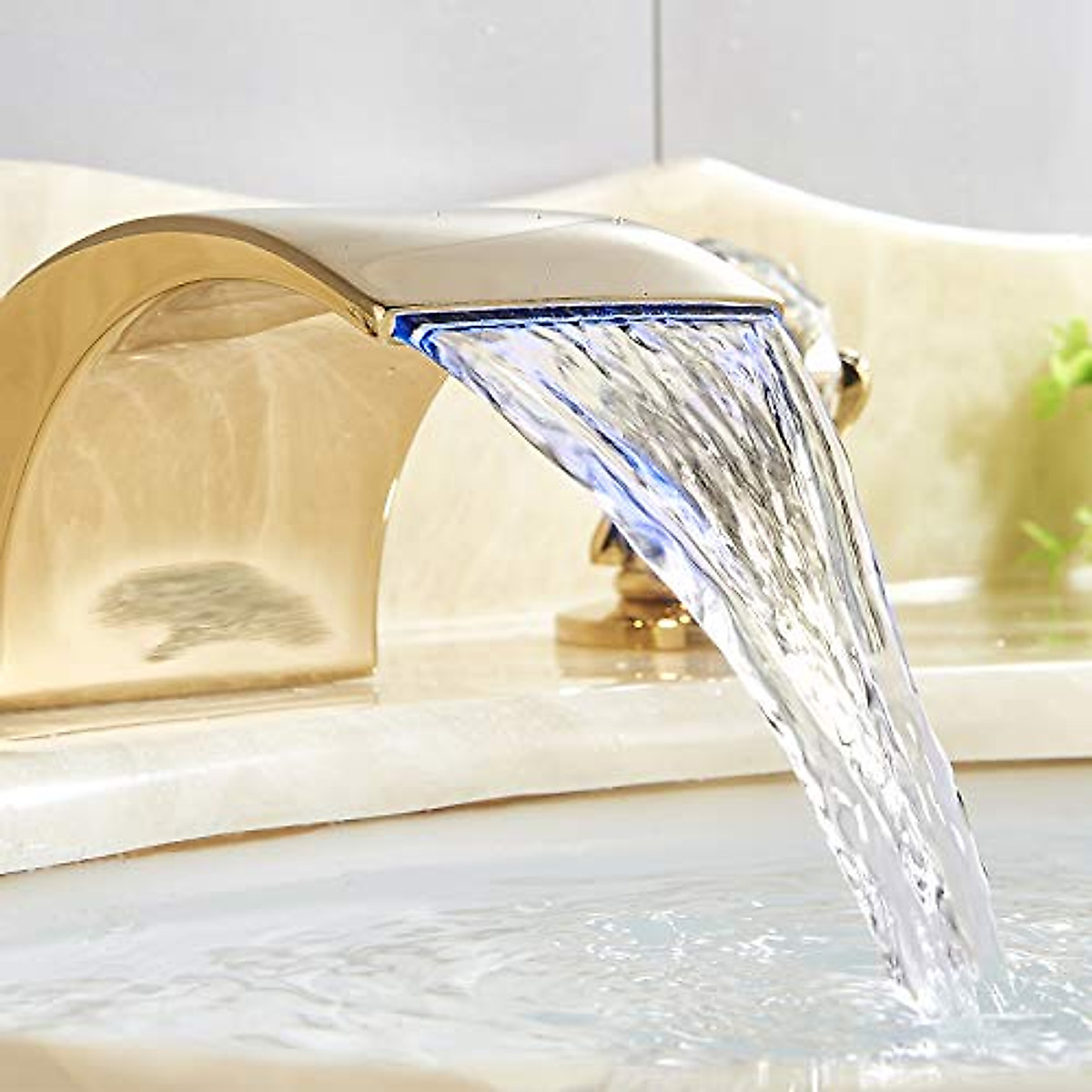 NeierThodore LED Widespread Bathroom Faucet Waterfall Gold Polished Lavatory Faucets Basin Mixer Tap 2 Crystal Knobs 3 Holes