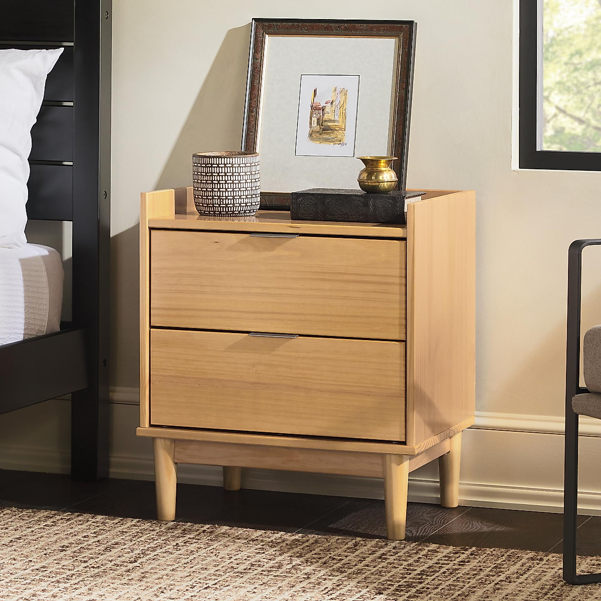 Walker Edison Blythe Mid-Century Modern Tray-Top 2-Drawer Nightstand, 20 Inch, Natural Pine