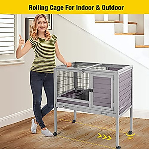 Aivituvin Rabbit Hutch Indoor Bunny Cage Wooden Guinea Pig House with Wire Floor, Wheels, Leak-Proof Tray 35in