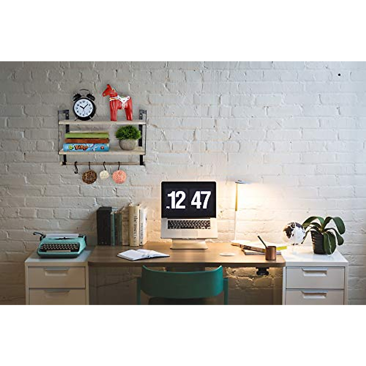 Spiretro Floating Shelves 2 Tier Wall Shelf, Spice Rack with Towel Tissue Bar, Metal Hooks Organize Mugs Utensils, Home Storage for Kitchen, Bathroom, Rustic Wood_Grey