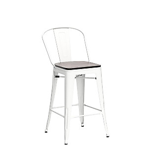 Yongqiang 24" Metal Bar Stools Set of 4 Kitchen Counter Height Bar Chairs High Back Farmhouse Barstools with Large Wooden Seat Cream White