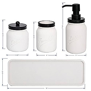 Bathroom Accessory Set,Mason Jar Bathroom Accessory Set, 4 Pcs Bathroom Accessory Set, White Quartz Sand, Include Lotion Dispenser &Tumbler& Cotton Jar&Tray