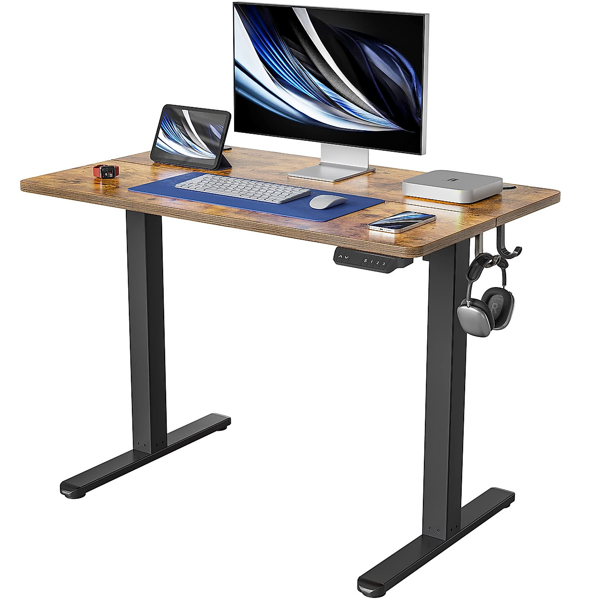 Cubiker 44 x 24 Inch Standing Desk, Stand up Height Adjustable Home Office Electric Table, Sit Stand Desk with Splice Board, Black Frame & Rustic Brown Desktop