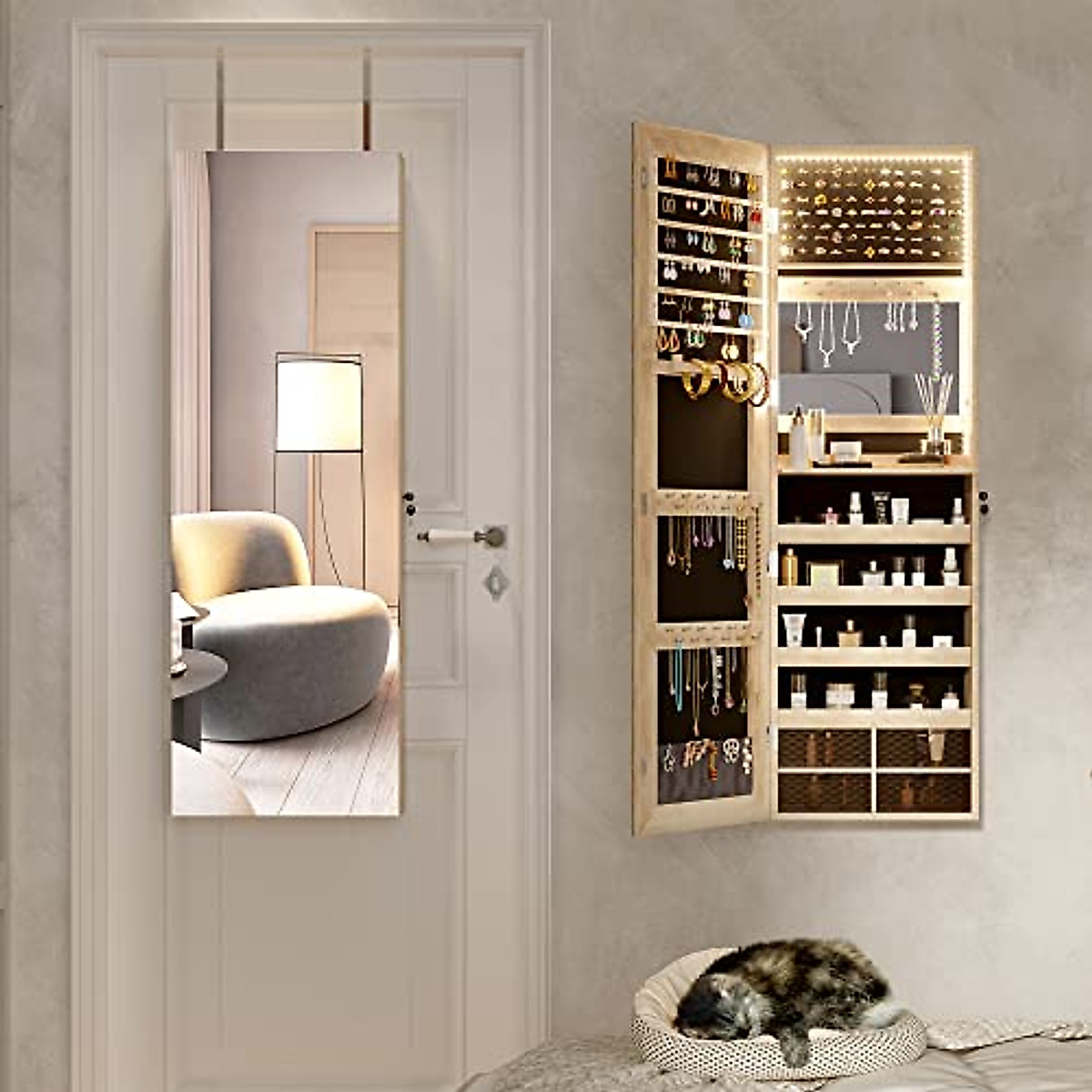 Vlsrka Mirror Jewelry Cabinet, Upgraded 3 LED Lights Wall/Door Mounted Jewelry Armoire Organizer, 47.2" Full Length Mirror with Storage, Built-in Lighted Mirror, 4 Drawers, 5 Shelves, Lockable, Wood