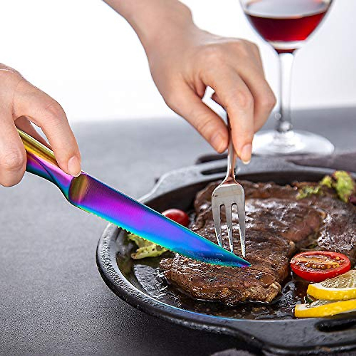 WELLSTAR Rainbow Serrated Steak Knife Set of 6, Razor Sharp German Steel Blade 4.75 inch and Comfortable Stainless Steel Hollow Handle with Titanium Coated Dinner Table Knives Set for Home Restaurant