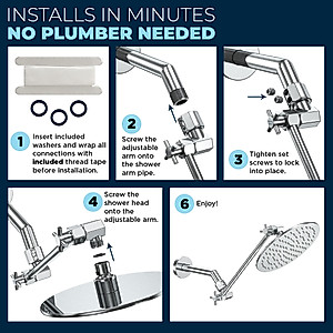 HammerHead Showers® ALL METAL 12 Inch Shower Head Extension Arm - Adjustable Shower Arm Extension Raises Showerhead Height - Shower Extender Arm Supports up to 10lbs — Chrome