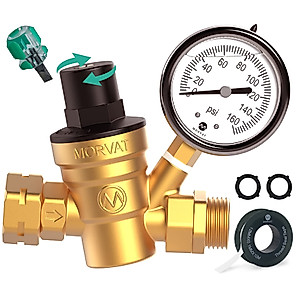Morvat Premium Lead-Free Brass RV Water Pressure Regulator Adjustable Valve with Oil Filled Gauge for Camper, Includes Screwdriver, Roll Of Teflon Tape & 2 Extra Rubber Washers