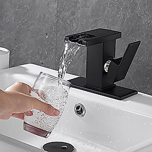 LOOPAN LED Light Bathroom Faucet Waterfall Black One Hole Single Handle Faucet for Bathroom Sink Mount Vanity Faucet Lead-Free for Commercial Residential