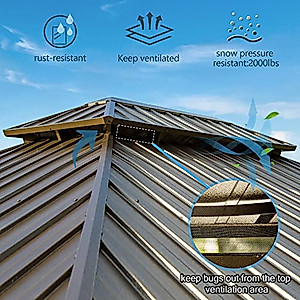 Domi 10'x12' Outdoor Hardtop Gazebo Permanent Canopy with Galvanized Steel Roof,Aluminum Frame,Curtains and Netting,for Patios,Backyard,Lawns(Wood Grain Coated)