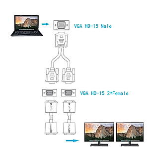 SAYTAY VGA Monitor Y-Splitter Cable,VGA 1 Male to Dual 2 VGA Female Adapter Converter Video Cable for Screen Duplication - 1 Foot(Blue)