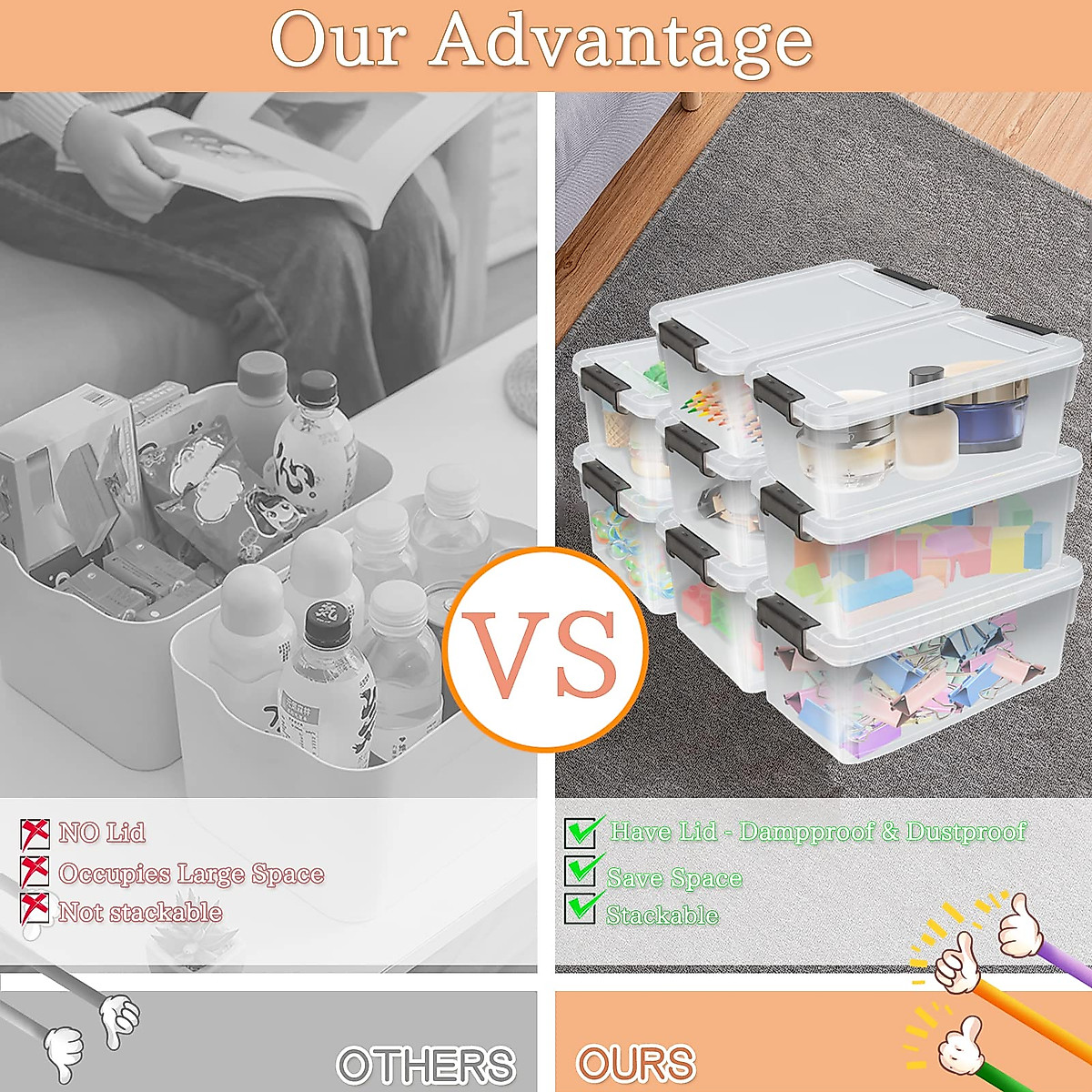 FLMOUTN 8Pcs Small Clear Storage Bin with Lid, Stackable Small Storage Bins with Secure Latching Buckles, 0.91 Qt / 1 Liter Clear Storage Boxes for Organizing Kid's Toy Crafts