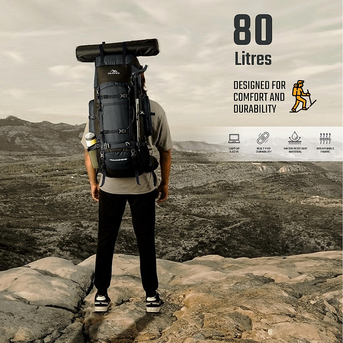 TRAWOC 80L Travel Backpack for Outdoor Sport Camp Hiking Trekking Bag Camping Rucksack HK007 (Grey)