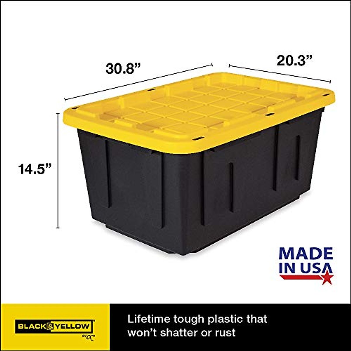 CX BLACK & YELLOW 27-Gallon Tough Storage Containers with Secure Snap Lid, Stackable, Extremely Durable, Nestable, 4 Pack