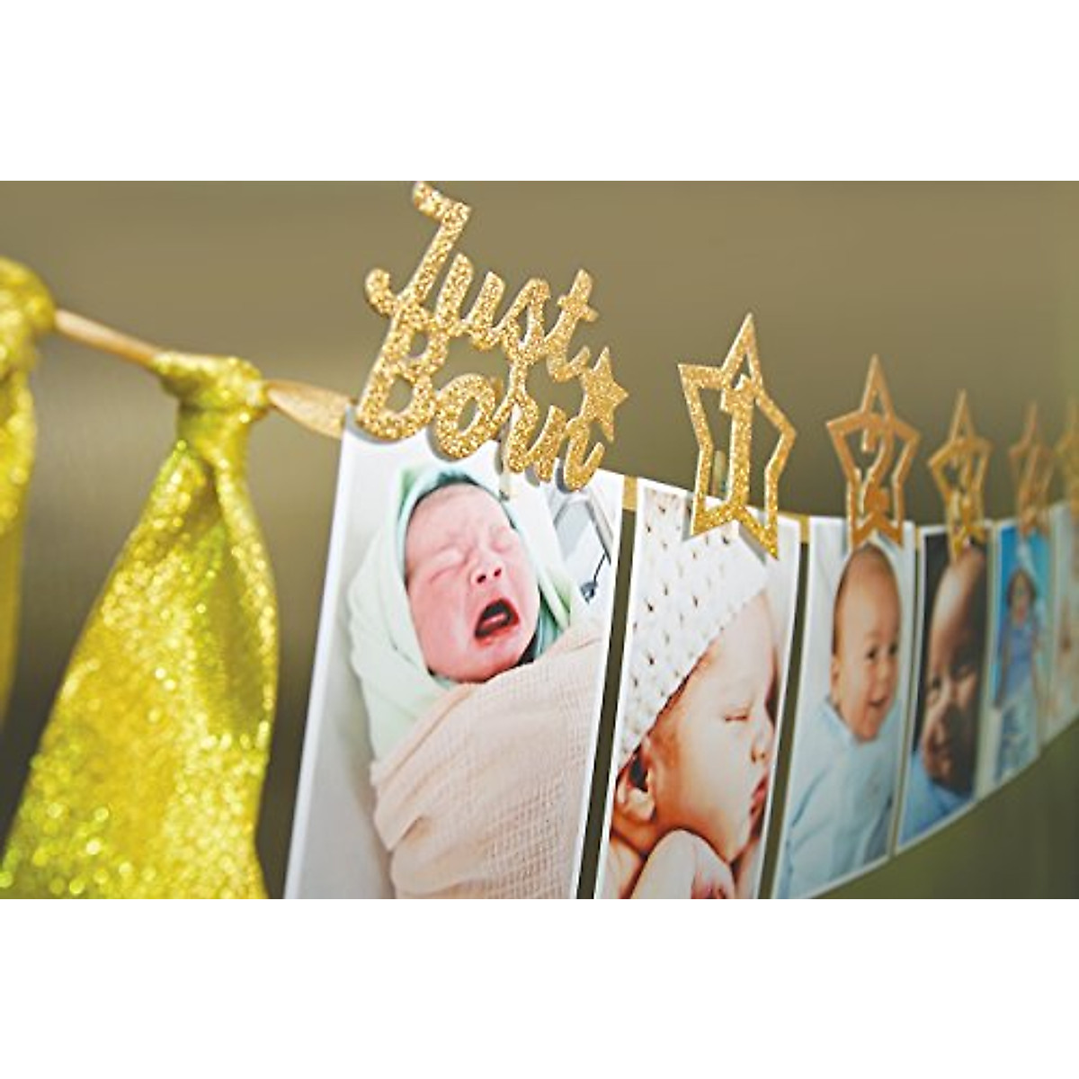 1st Birthday 12 months Photo Banner, Cake Topper, Highchair One Garland. Newborn to 1 Year old Monthly Milestone Picture, Baby Boy & Girl First Gold Decorations Party Supplies