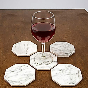 White Carrara Marble Coasters with Bamboo Holder (Set of 5) - Protection for Any Table Type - Fits Any Coffee Mug, Cup, Wine Glass, Barware - Great for Hosting Parties, Wedding & Mother's Day Gifts