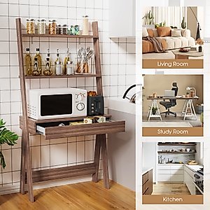 Giantex 3 Tier Ladder Desk with Drawer, 33" Width Walnut Ladder Shelf with Anti-Tipping Device, Freestanding Bookshelf, Leaning Computer Desk with Shelves for Small Space