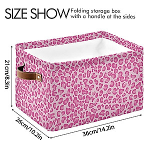 YETTASBIN Pink Leopard Storage Basket 1pc, Large Collapsible Toys Clothes Organizer, Durable Canvas Storage Bin with Handle for Shelves Closet Laundry Home Office Decor