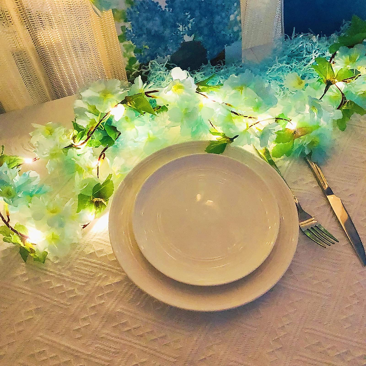 Artificial Cherry Blossoms String Lights Hanging Hydrangea Vines Plant Garland Silk Flower Fairy Light Battery Powered for Home Garden Wedding Party Decor (Blue, 2m/20 Led)