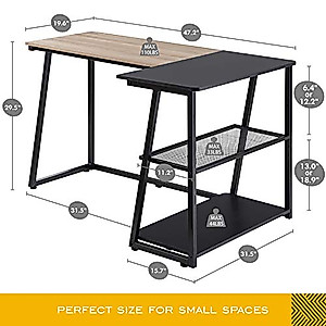 HOMOOI Small L-Shaped Desk with Storage Shelves, 47.2 Reversible Corner Writing Table for Home Office, Oak and Black