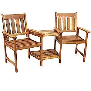 Sunnydaze Meranti Wood with Teak Oil Finish Outdoor Jack-and-Jill Chairs with Attached Table - 2-Chair Tete-a-Tete Furniture Set for Garden, Lawn, Porch, Balcony and Lawn - 65-Inch