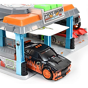 Hot Rod Garage - Lights and Sounds Toy Set for Kids | Working Intercom with Open and Close Parking Garage and Vehicle Lift | Playset Includes Pick Up Truck and Sports Car with Friction Motor
