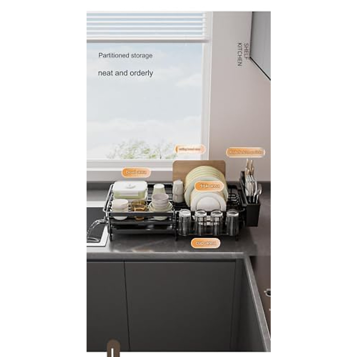 Taqargzy Dish Drying Rack Large Dish Drying Rack with Drainboard Set, Extendable Dish Rack, Utensil Holder, Cup Holder, Expandable Dish Drainer for Kitchen CounterCup Holder,(Black1)