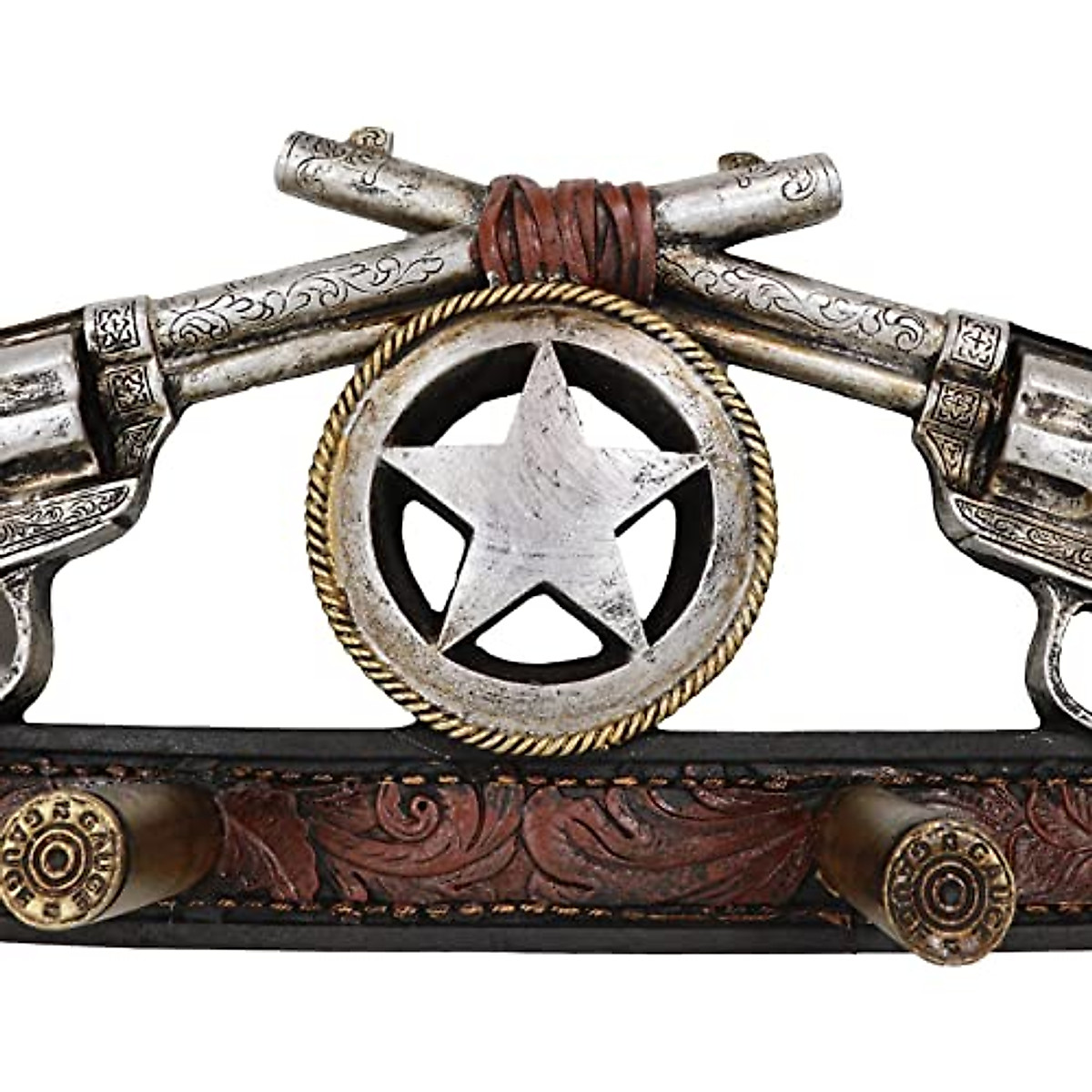Ebros Gift Rustic Western Old World Dual Six Shooter Revolver Gun Pistols with Western Star 4 Pegs Coat Key Hat Leash Wall Hanging Bullet Ammo Shaped Hooks Country Decorative Organizer