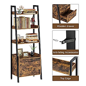 Rolanstar Bookshelf with Drawers, 4 Tier Ladder Bookshelf, Industrial Bookcases, Freestanding Display Plant Shelves with Metal Frame for Living Room, Small Space, Rustic Brown