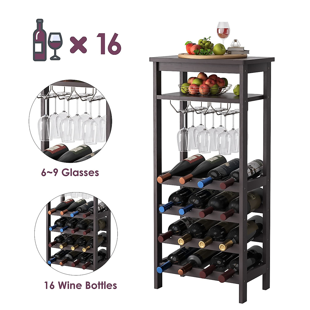 FOTOSOK Bamboo Floor Wine Rack, Freestanding Wine Bottle Organizer Shelves with Glass Holder Rack,16 Bottles, Wobble-Free Wine Display Storage Stand with Table Top for Kitchen Dining Room, Espresso